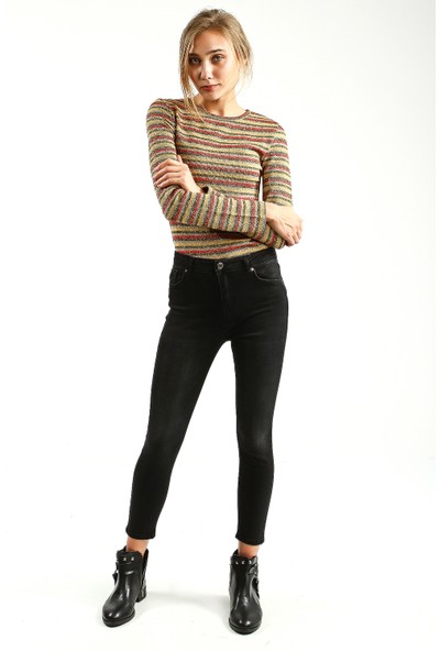 Collezione Haki Bisiklet Yaka Çizgili Uzun Kollu Kadın Tshirt