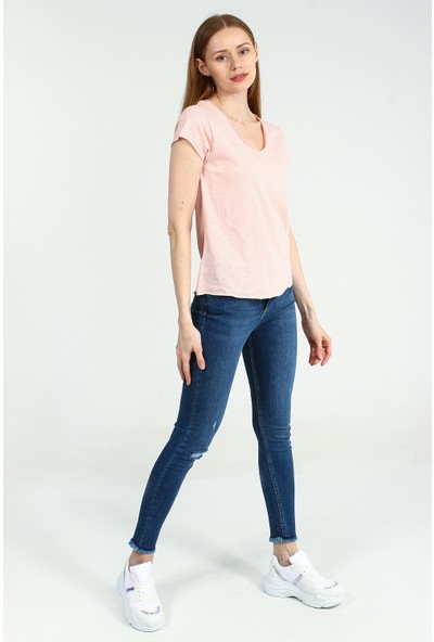 Collezione Pudra V Yakalı Kısa Kollu Kadın Basic Tshirt Collezione Pudra V Yakalı Kısa Kollu Kadın Basic Tshirt