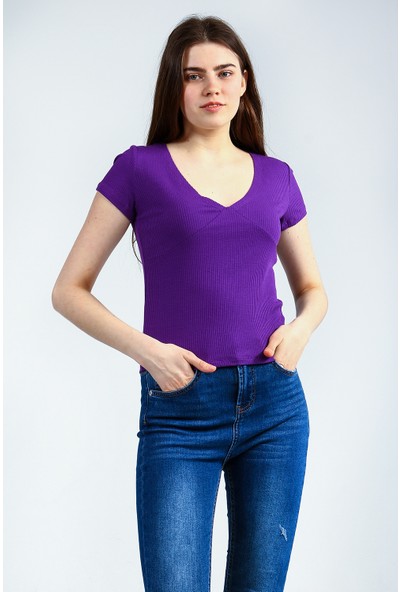 Collezione Mor V Yakalı Kısa Kollu Basic Kadın Tshirt