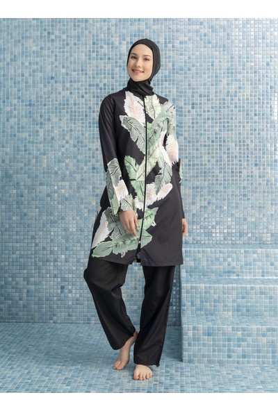 Mayo Bella Botanik Yaprak Desenli Tam Kapalı Mayo- Siyah - Mayo Bella