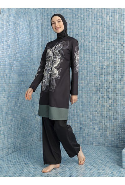 Mayo Bella Yaprak Desenli Tam Kapalı Mayo - Siyah - Mayo Bella
