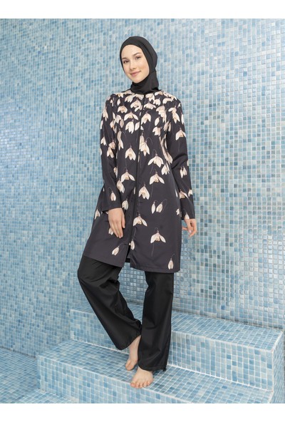 Mayo Bella Zambak Çiçekli Tam Kapalı Mayo- Siyah - Mayo Bella