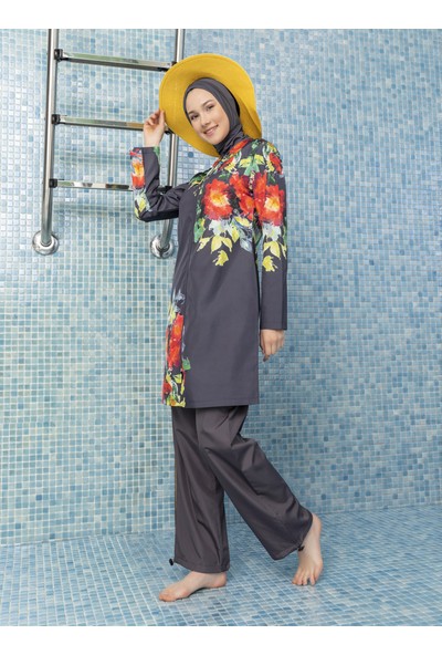 Mayo Bella Çiçek Desenli Tam Kapalı Mayo- Antrasit - Mayo Bella