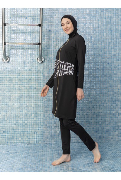 Mayo Bella Siyah Beyaz Lycra Tam Kapalı Mayo- Siyah Beyaz- Mayo Bella