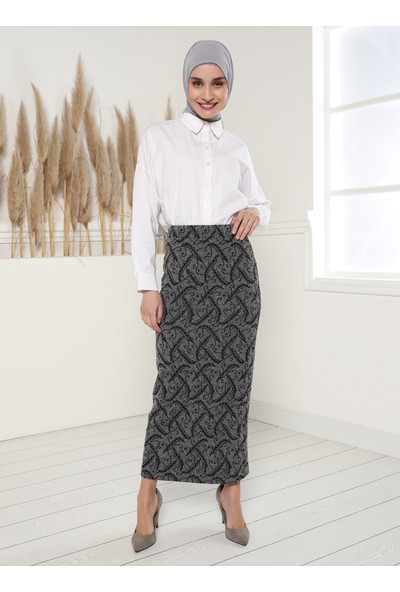 Tavin Beli Lastikli Jakarlı Etek - Siyah - Tavin Tavin Beli Lastikli Jakarlı Etek - Siyah - Tavin
