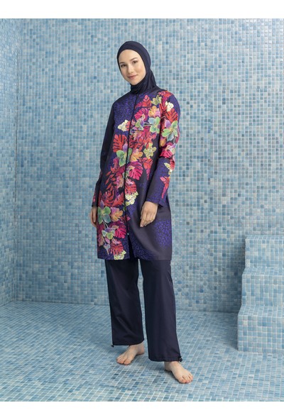 Mayo Bella Leopar Botanik Desenli Tam Kapalı Mayo - Lacivert - Mayo Bella