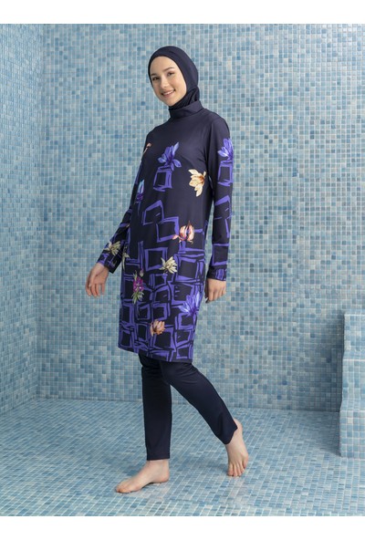 Mayo Bella Çiçekli Geometrik Lycra Tam Kapalı Mayo- Lacivert- Mayo Bella