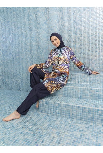 Mayo Bella Animal Desenli Tam Kapalı Mayo - Lacivert - Mayo Bella