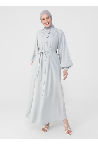 Refka Waffle Efektli Dokulu Kendi Kumaşından Kemerli Elbise- Gök Mavi - Refka Casual Refka Waffle Efektli Dokulu Kendi Kumaşından Kemerli Elbise- Gök Mavi - Refka Casual