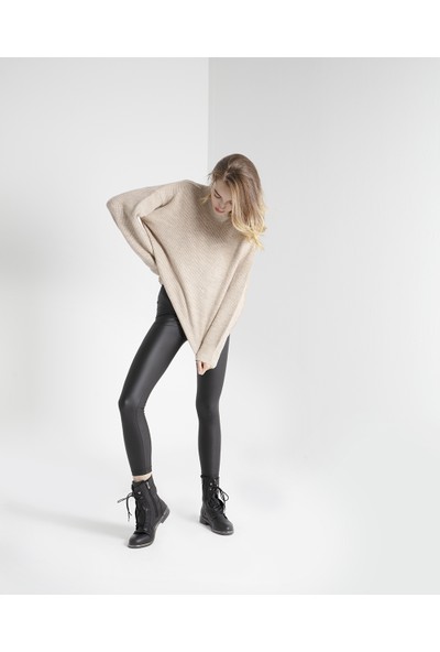 Taytbutikcom - Kömür - Mat Deri Içi Polarlı Düz 7/8 Boy Siyah Tayt