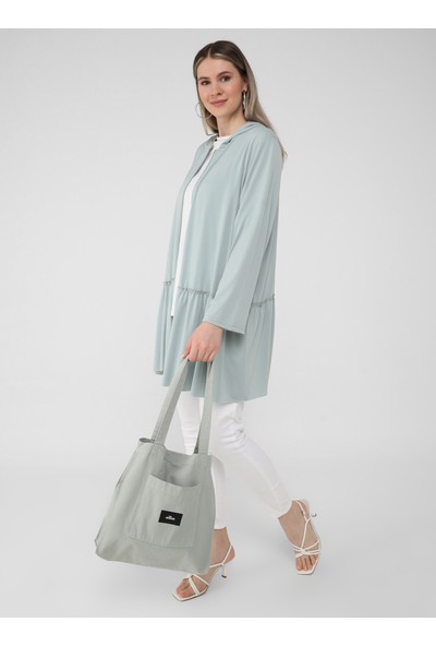 Büyük Beden Fırfırlı Rahat Örme Kap Pardesü - Su Yeşili - Alia