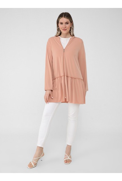 Büyük Beden Fırfırlı Rahat Örme Kap Pardesü - Şeftali - Alia