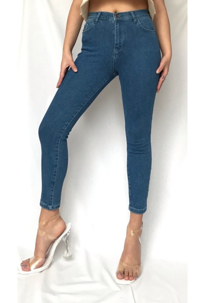 Baluxe Kadın Koyu Mavi Likralı Yüksek Bel Jean