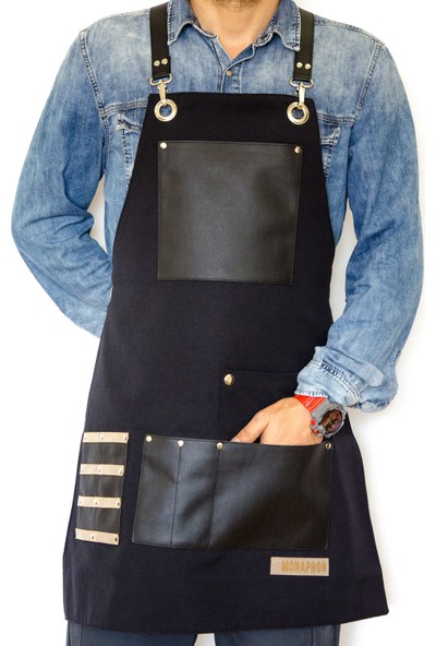 Monapron Özel Tasarım Barista Ahşap Seramik Kuaför Önlük 20 Giotto Siyah Bej