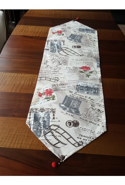 ZeyHome Krem Sinema Baskılı Ponponlu Dertsiz Üçgen Duck Runner 120X40