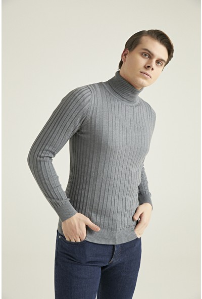 Ds Damat Slim Fit Gri Fitilli Kazak