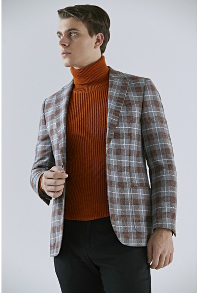 D'S Damat Slim Fit Gri Ekoseli Kumaş Ceket