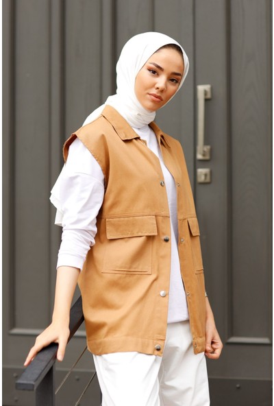 inStyle Kapak Cepli Gabardin Yelek - Taba