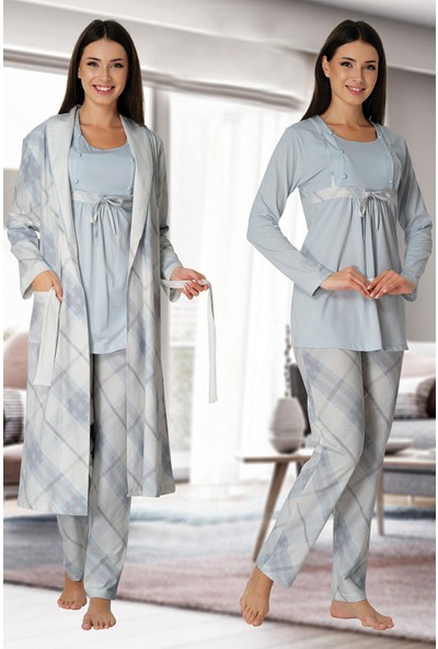 8084 Lohusa Pijama Sabahlık Takım-Mavi