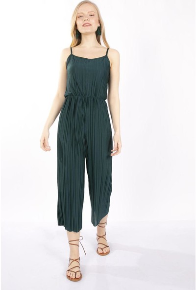 Mint.21 Pliseli Beli Büzgülü Askılı Yeşil Tulum