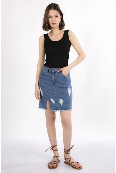 Mint.21 Yırtık Detaylı Mavi Denim Etek