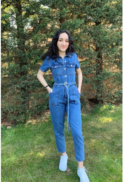 Lars Butik Kadın Lacivert Denim Kısa Kollu Tulum