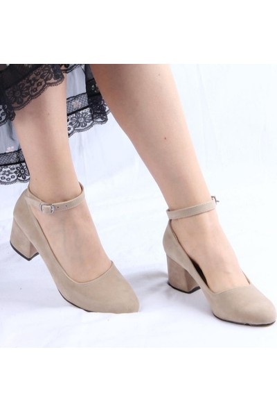 Lenay Kadın Krem Suet Bilekten Bantlı Dekolte Topuklu Ayakkabı