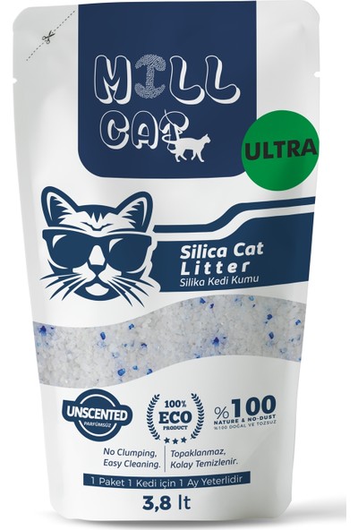 Mill Cat Millcat Tozsuz Silika Kedi Kumu - Idrar Kurutucu Mikrop Önleyici Kristal Kedi Kumu - 3,8 Lt
