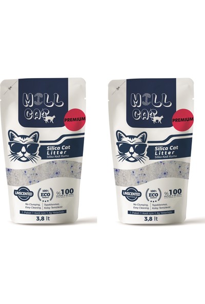 Mill Cat Millcat Tozsuz Silika Kedi Kumu - Idrar Kurutucu Mikrop Önleyici Kristal Kedi Kumu - 3,8 Lt x 2 Pkt