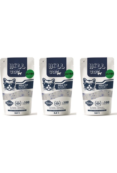 Mill Cat Millcat Tozsuz Silika Kedi Kumu - Idrar Kurutucu Mikrop Önleyici Kristal Kedi Kumu - 3,8 Lt x 3 Pkt