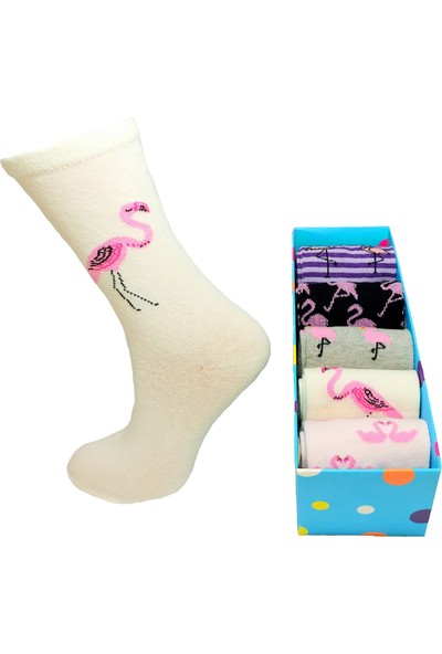 Lara Çorap 5'li Flamingo Desenli Karışık Renkli Kadın Soket Çorap (Özel Kutusunda)