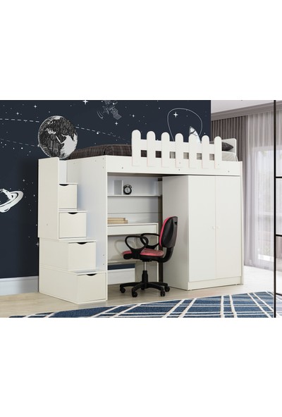 Güven Mobilya Irmak Dolap ve Çalışma Masalı 90*190 Kiwi Beyaz Ranza Takım Güven Mobilya Irmak Dolap ve Çalışma Masalı 90*190 Kiwi Beyaz Ranza Takım