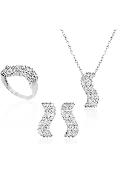 Gumush Gümüş Beyaz Taşlı Su Yolu Bayan Set