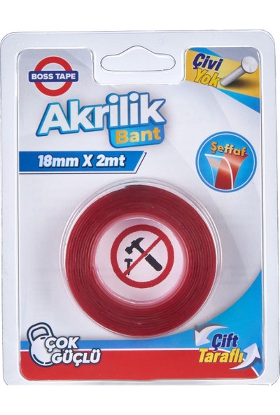 Boss Tape Şeffaf Çift Taraflı Akrilik Silikonize Bant 18mmx2mt Boss Tape Şeffaf Çift Taraflı Akrilik Silikonize Bant 18mmx2mt