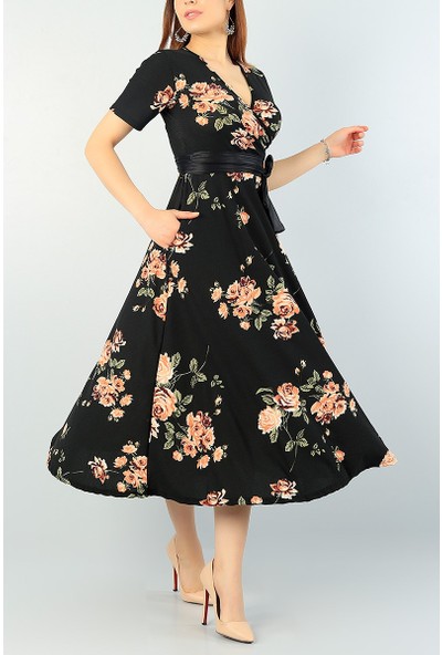 Kasheha Kadın Siyah-Bej Kuşaklı Çiçek Desenli Kruvaze Yaka Krep Kumaş Elbise - KAD3325422