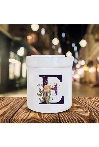 Kumbara Hediyelik Kahverengi Gül E Harfi Baskılı Seramik Küllük
