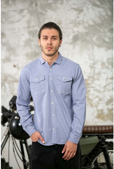 Bay Efendi Erkek Açık Mavi Kot Gömlek Slim Fit Cepli Likralı Gabardin 6015