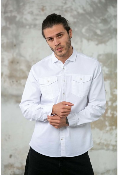 Bay Efendi Erkek Beyaz Kot Gömlek Slim Fit Cepli Likralı Gabardin 6015