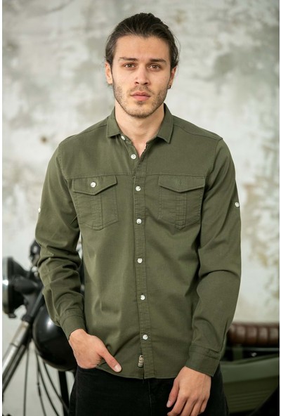 Bay Efendi Erkek Haki Kot Gömlek Slim Fit Cepli Likralı Gabardin 6015