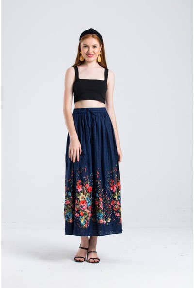 Luisido Lacivert Çiçek Desenli Astarlı Uzun Etek Luisido Lacivert Çiçek Desenli Astarlı Uzun Etek