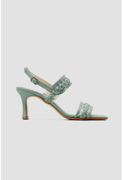 Limoya Rylan Yeşil Şeffaf ve Örgü Detaylı Topuklu Sandalet