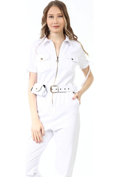 Yare Kısa Kollu Önden Fermuarlı Çanta Kemerli Tulum