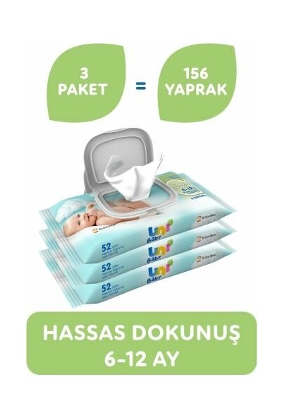 Uni Baby Hassas Dokunuş 3'lü 156 Yaprak Islak Mendil Uni Baby Hassas Dokunuş 3'lü 156 Yaprak Islak Mendil