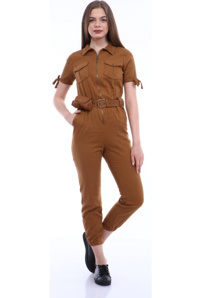 Yare Kısa Kollu Önden Fermuarlı Çanta Kemerli Tulum