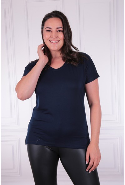 Egz Butik Basic V Yaka Büyük Beden Vyk Lacivert Tişört