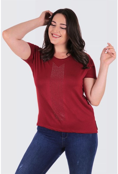 Egz Butik Dik Çizgili Büyük Beden Bordo Tişört