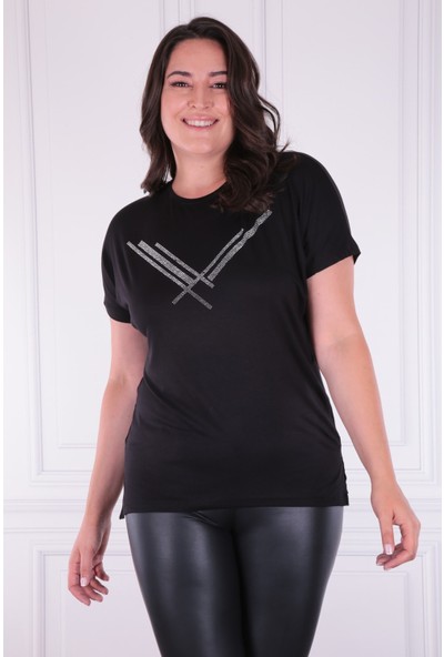 Egz Butik x Desenli Taşlı Büyük Beden Siyah Tişört