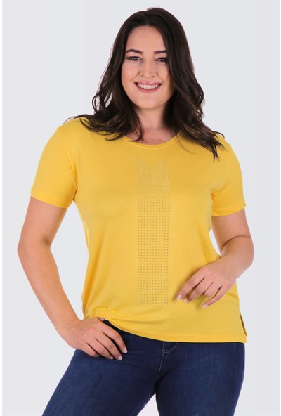 Egz Butik Dik Çizgili Büyük Beden Sarı Tişört