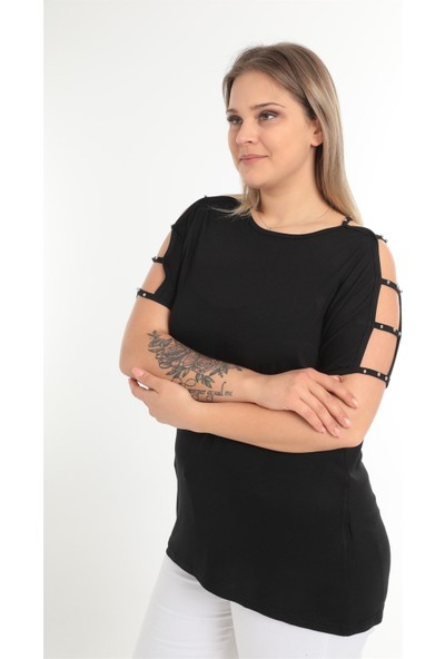 Egz Butik Kısa Kol Britli Büyük Beden Siyah Bluz