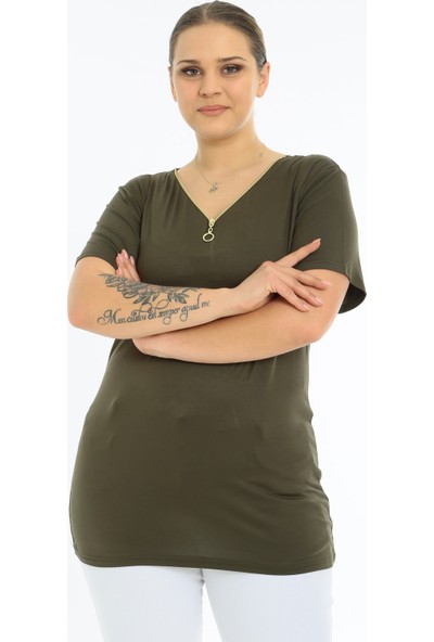 Egz Butik Fermuarlı Kısa Kol Büyük Beden Haki Bluz Egz Butik Fermuarlı Kısa Kol Büyük Beden Haki Bluz